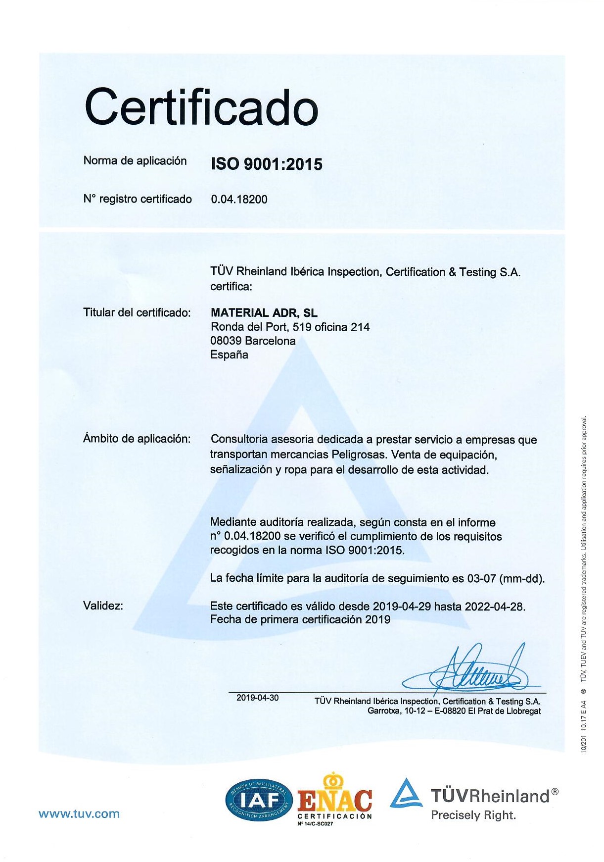 CERTIFICADO ISO 9001:2015 - Material ADR